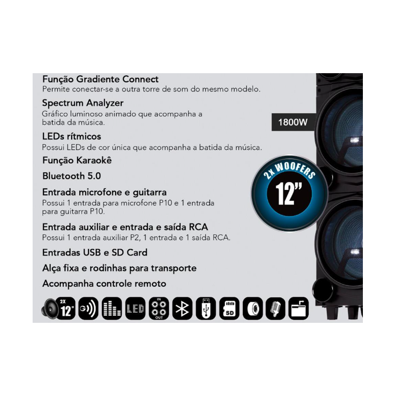 Caixa de som Amplificada Gradiente 1200W Bluetooth USB SD